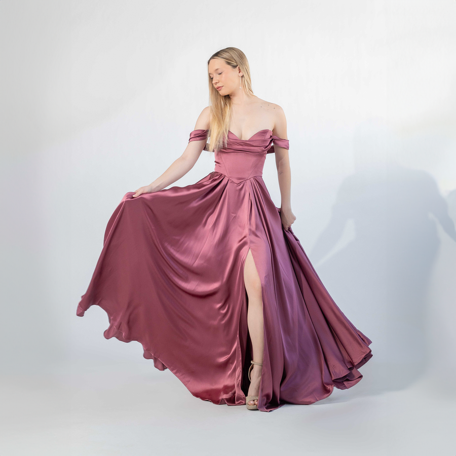 Emma Clara - Vestido de Fiesta Satín Escote Bardot Pili Mauve Rose